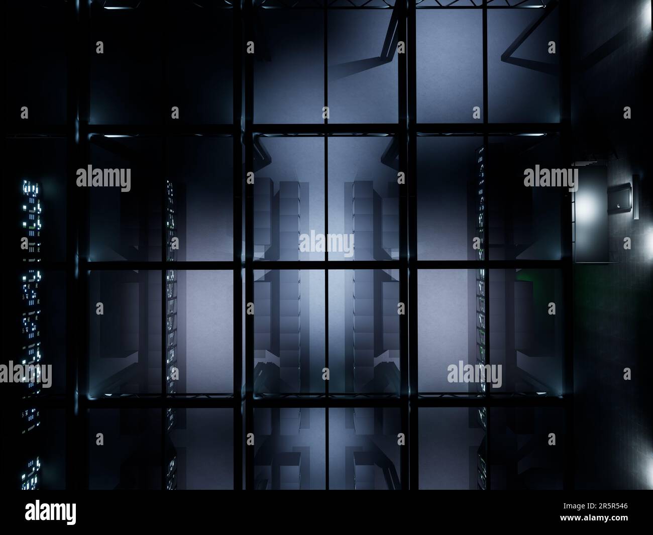 Servers racks in data center showing flashing lights for huge neural network, hardware database ...