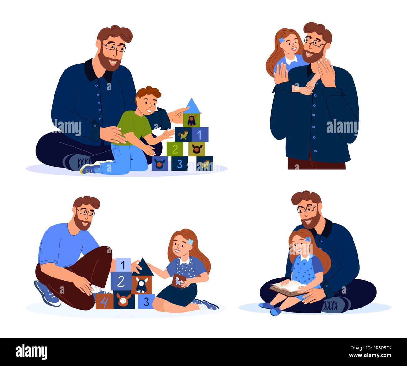 Set of Father and Child activities.Happy Smiling Dad Playing with Kid.Father,Dad Spend time with ...