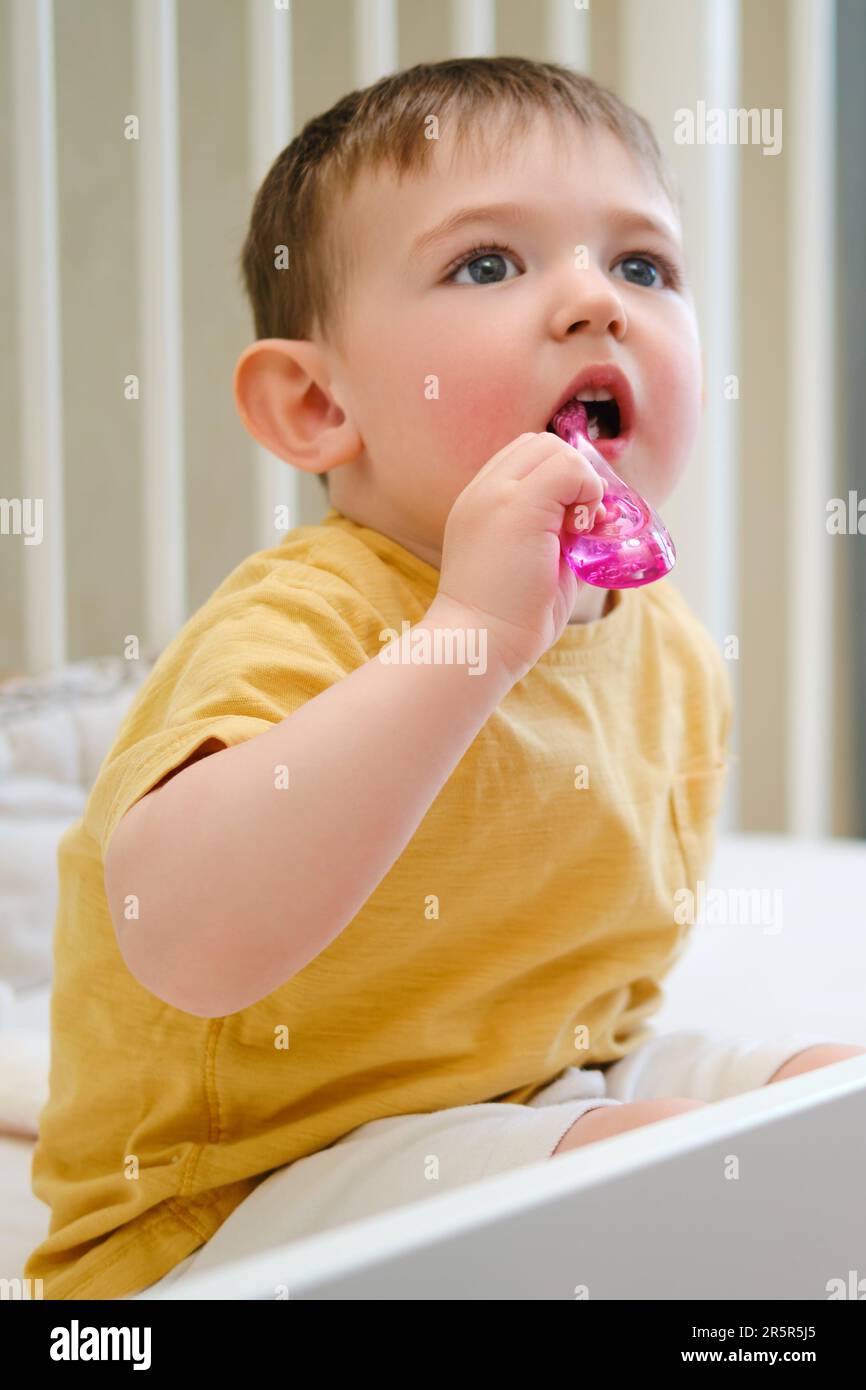 The baby's dental hygiene is being taken care of as she brushes her ...