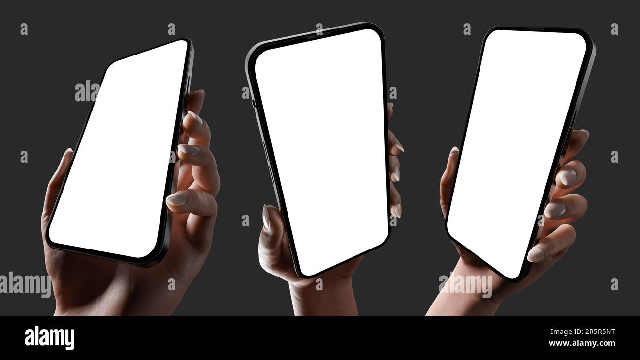 Female hand holding a smartphone with an empty screen. Set of 3D ...