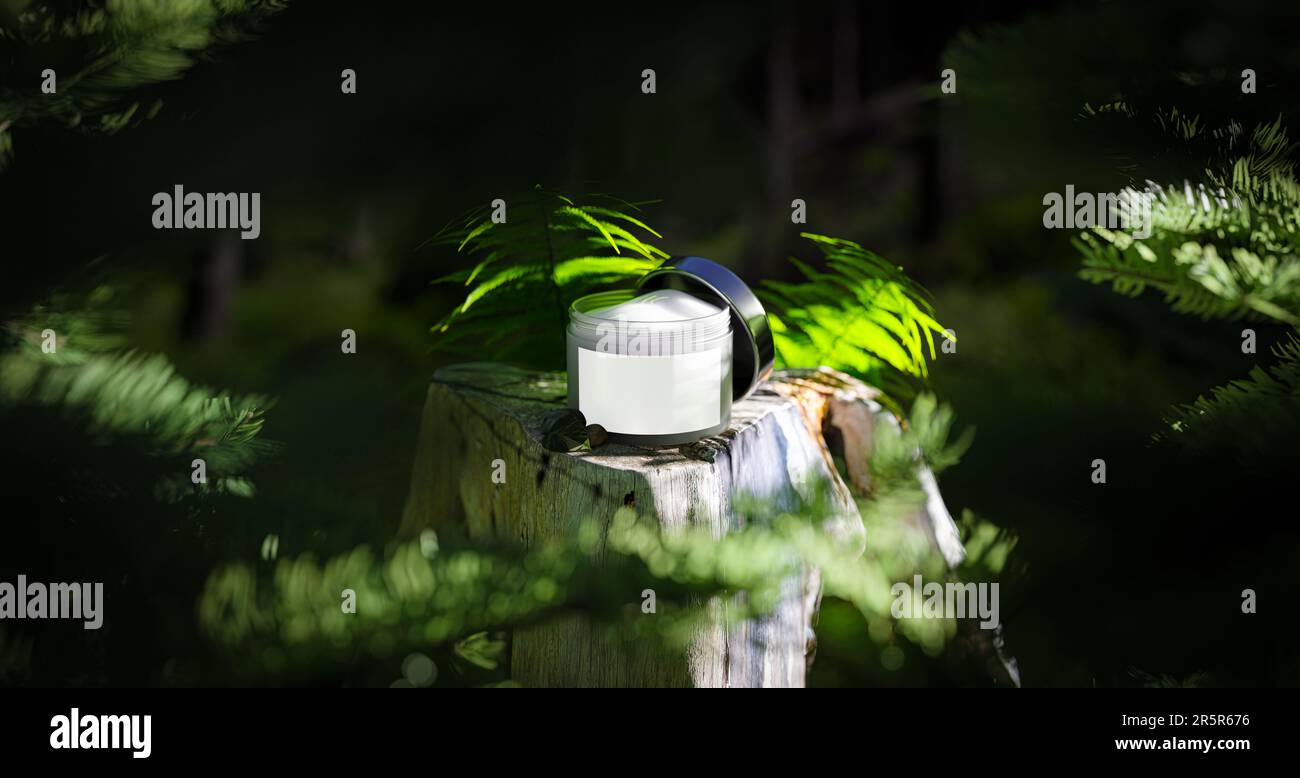 The template of a jar with organic cream is showcased on a trimmed tree ...