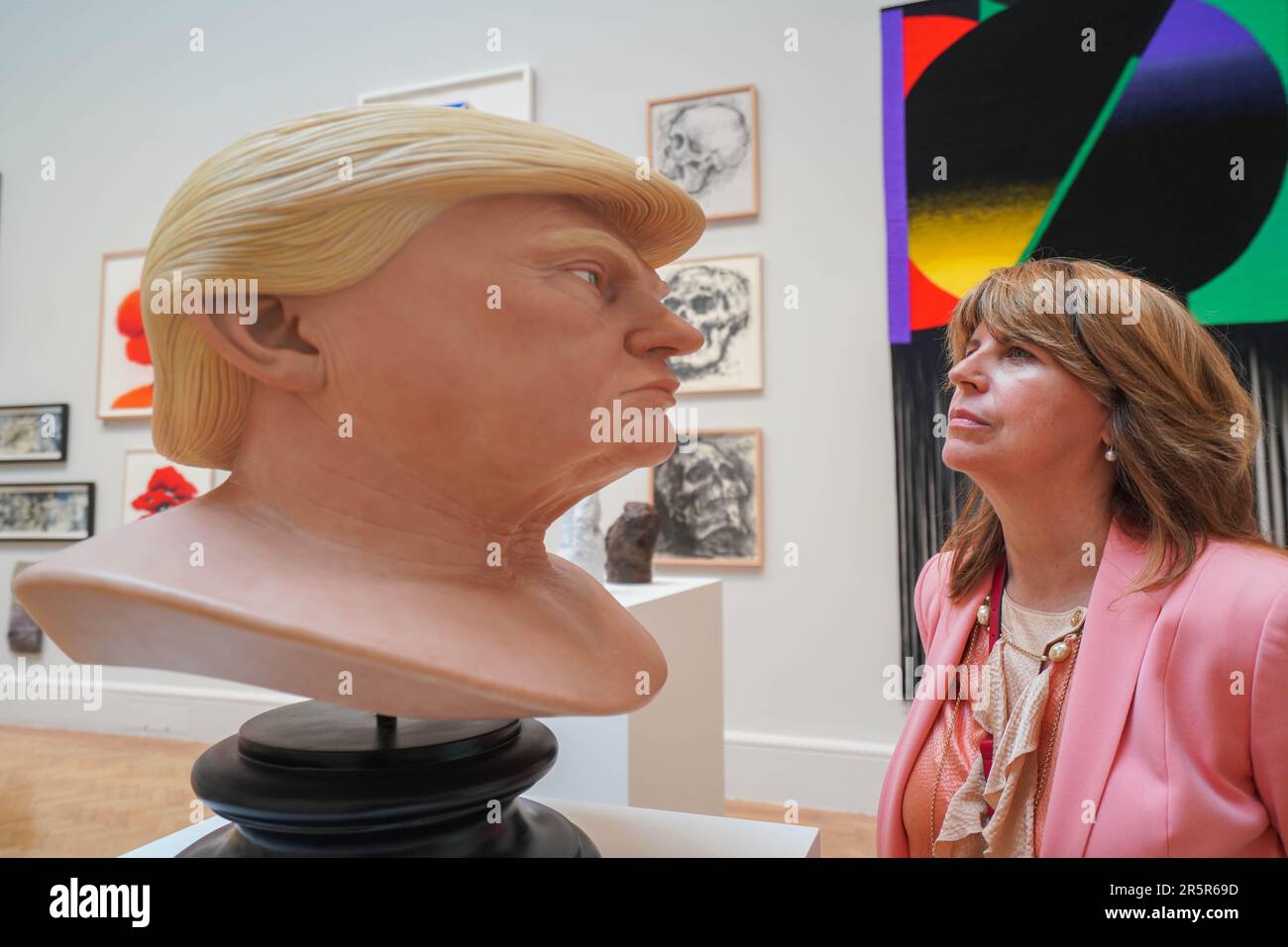 London UK. 5 June 2023 . John Humphries, DONALD TRUMP HELMET HEAD ...