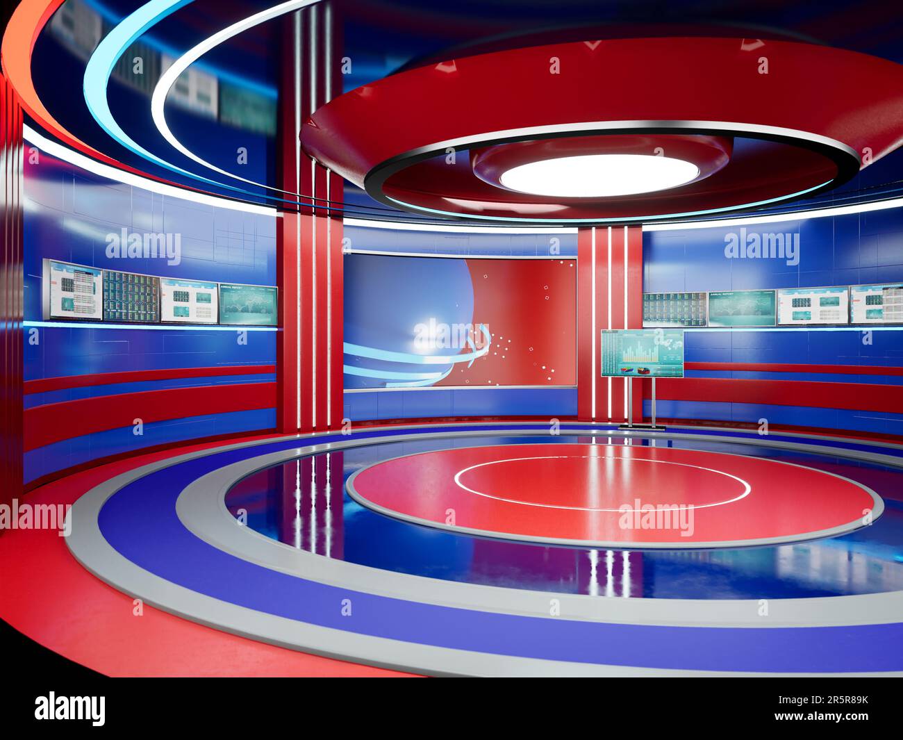 Tv news stage with graphic package, broadcasting world news on ...