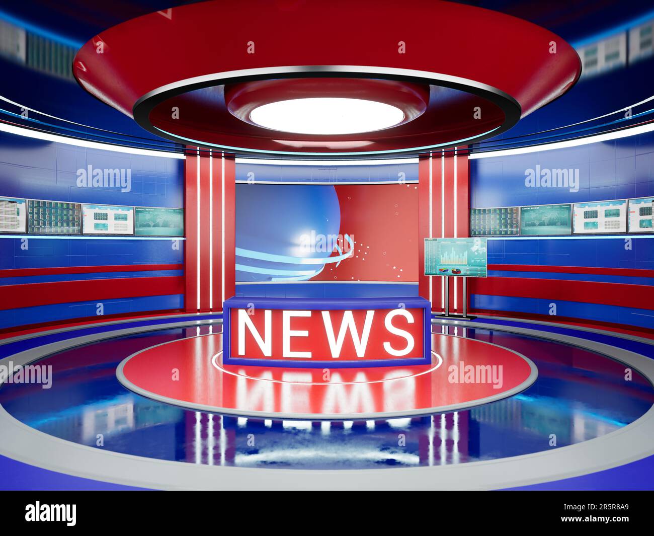 News room set with desk and stage, broadcast world news on ...