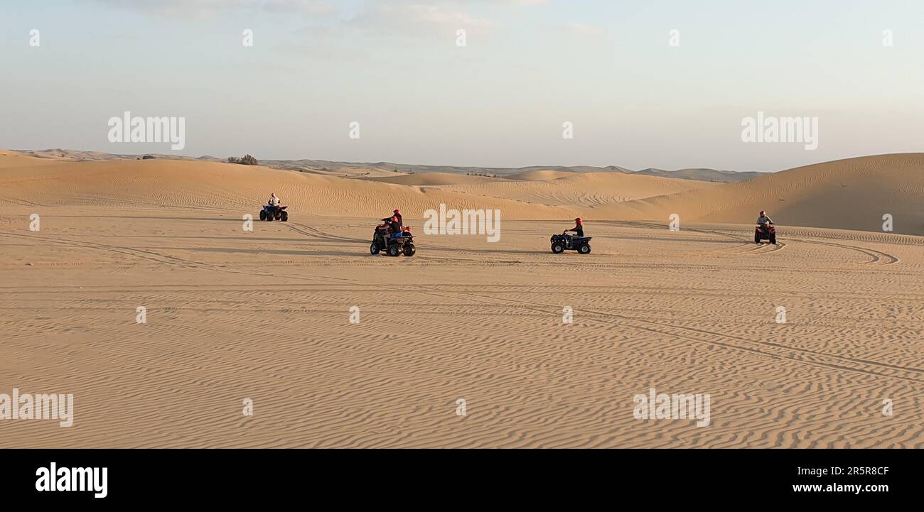 Four quadricycle on dunes in a desert Stock Photo - Alamy
