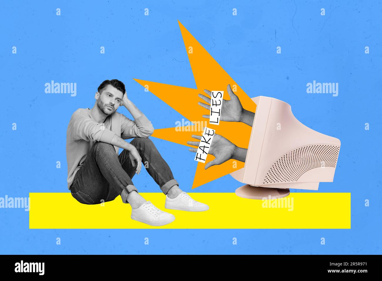 Collage of young depressed man sitting watching television broadcast ...