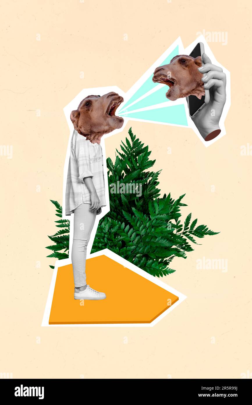 Vertical composite picture collage of two head animals camels screaming ...
