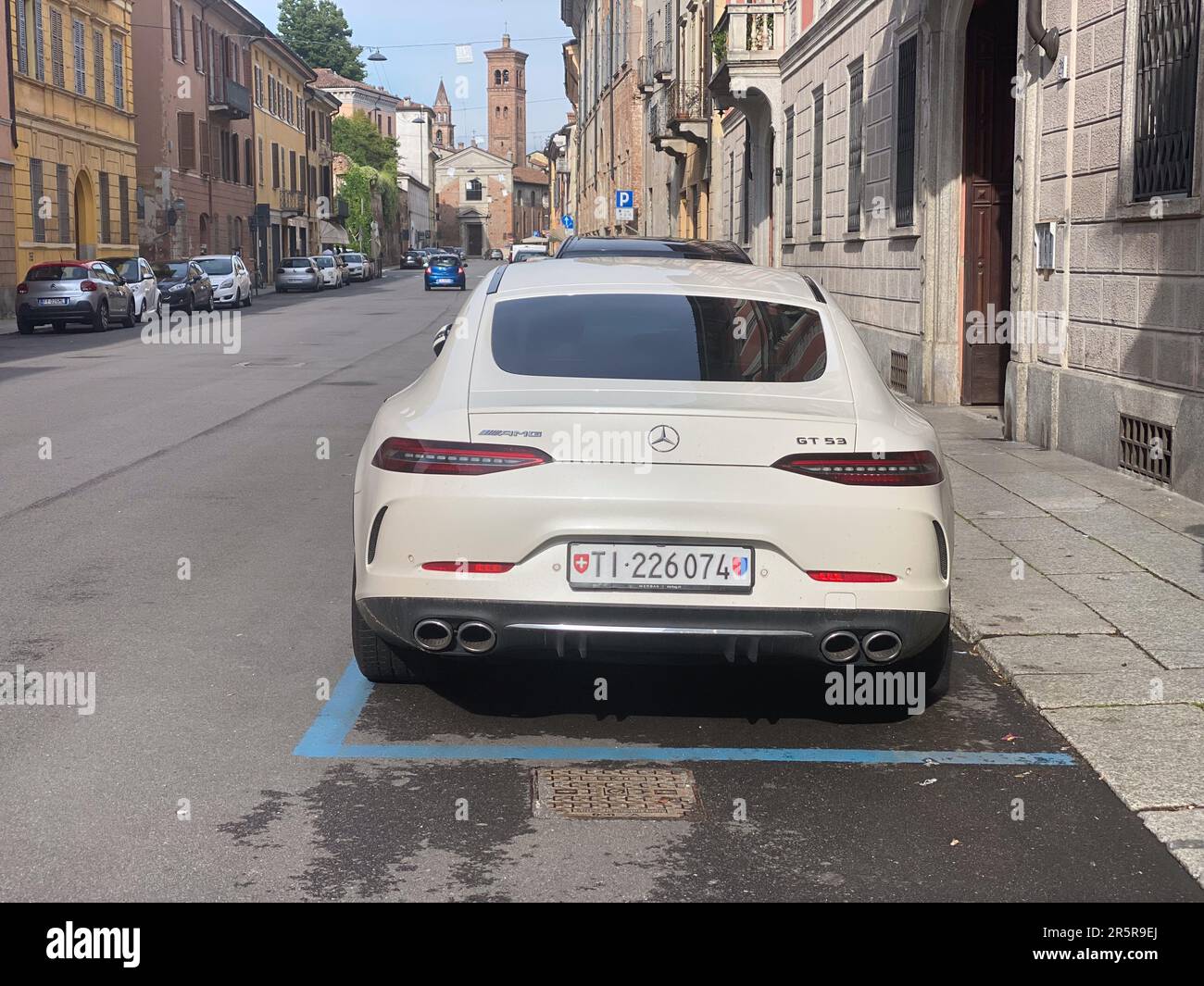 Cremona, Italy - May 2023 White AMG GT53 Mercedes Benz parked in the ...