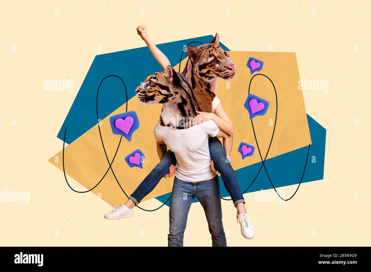 Photo of two animals collage illustration happy ride hands hold ...