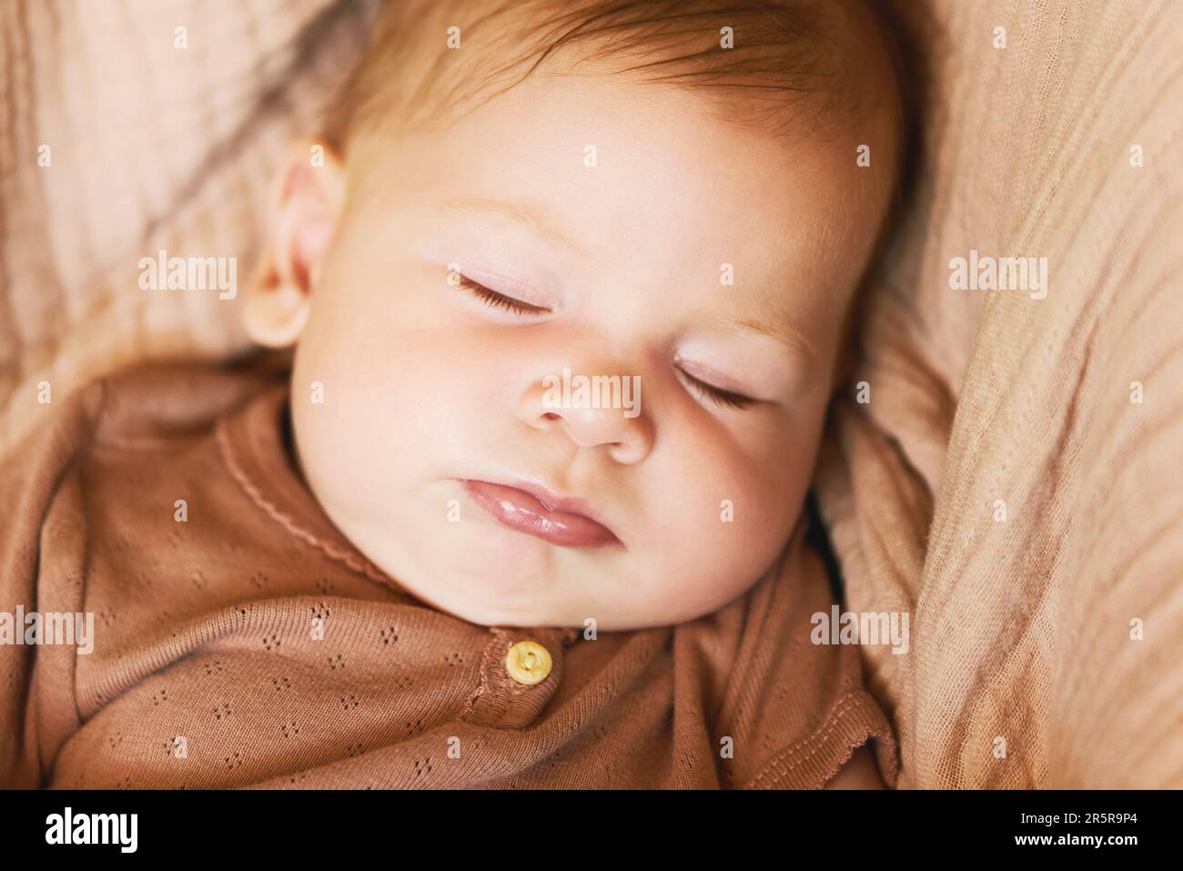 Close up portrait of sweet baby sleeping in buggy in warm light Stock ...