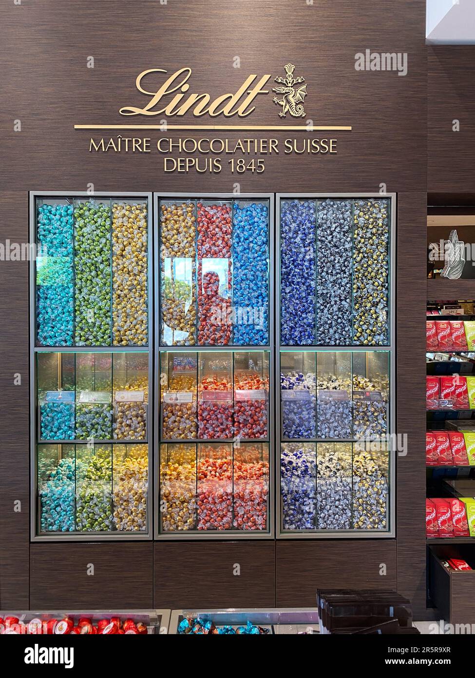 Fidenza, Italy - May 2023 Inside Lindt castle chocolate shop and bar ...