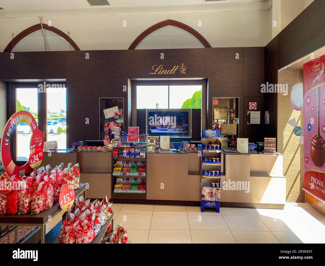 Fidenza, Italy - May 2023 Inside Lindt castle chocolate shop and bar ...