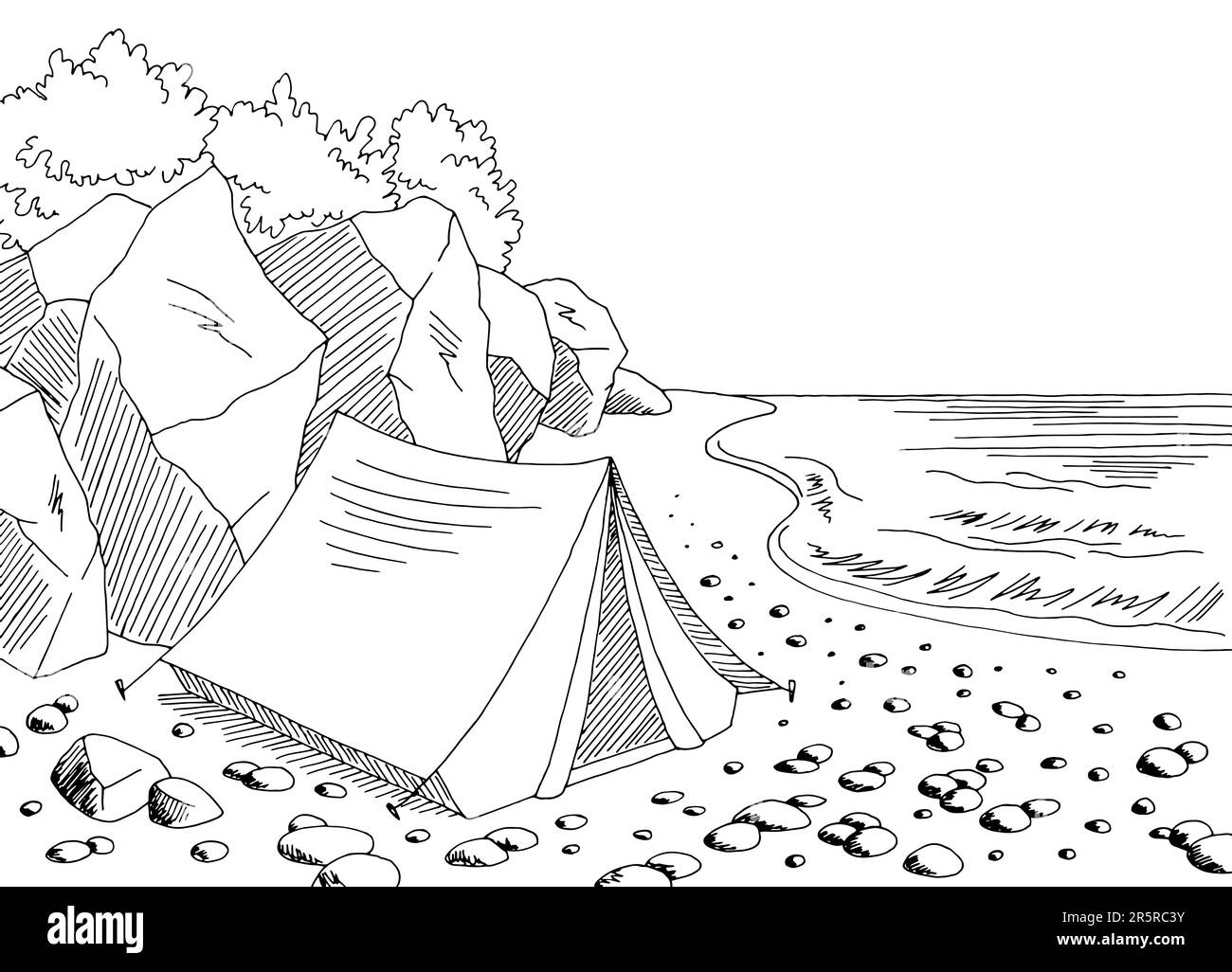 Tent by the sea coast graphic black white landscape sketch illustration ...