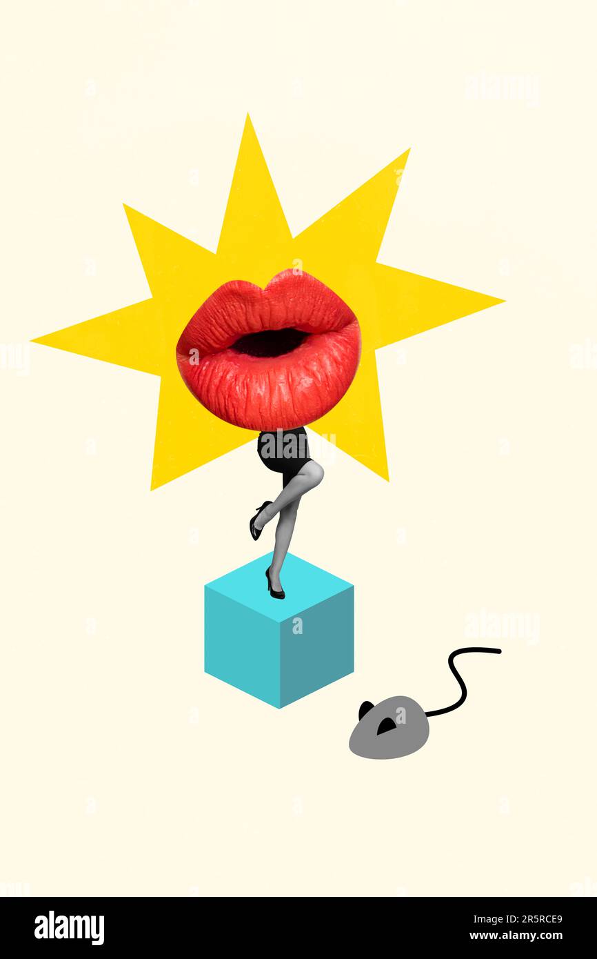 Collage retro sketch image of scared lips head lady afraid little mouse ...