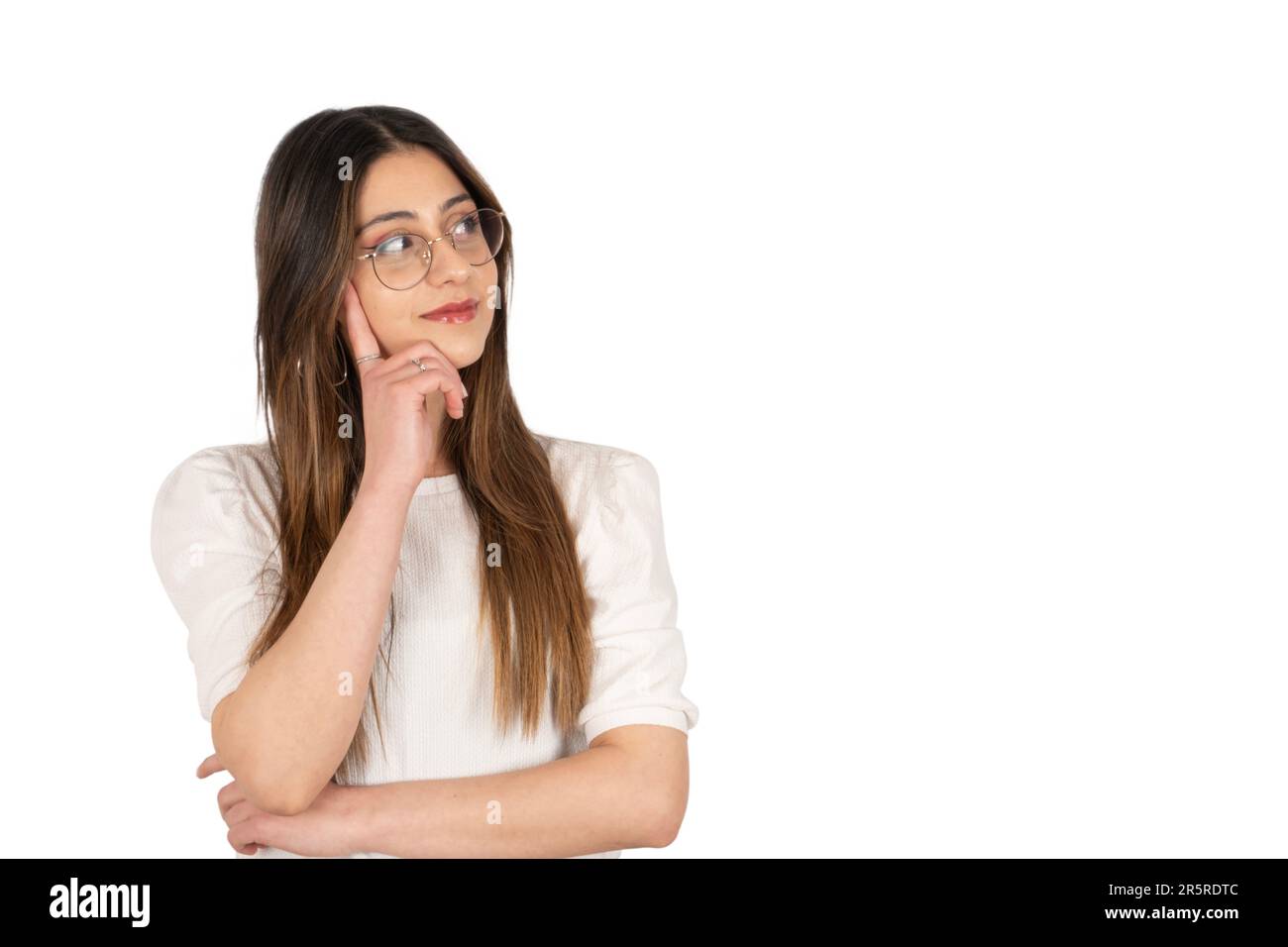 Caucasian beautiful thinking girl. Isolated on white background ...