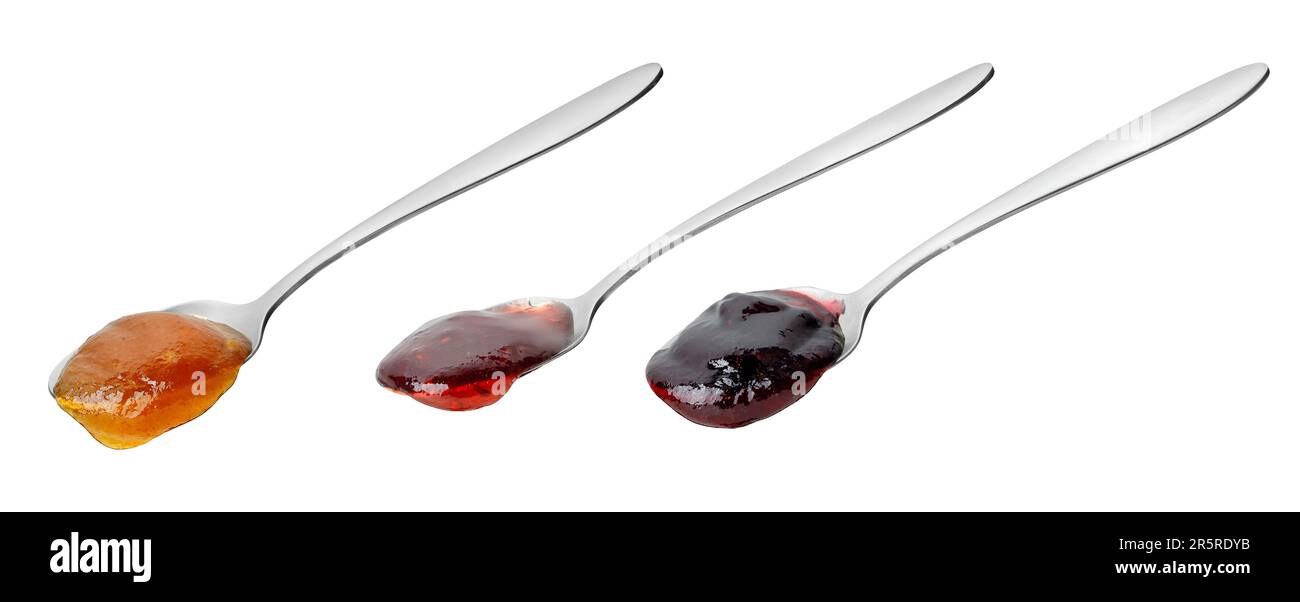 set of spoon with different types of jam isolated on white Stock Photo ...