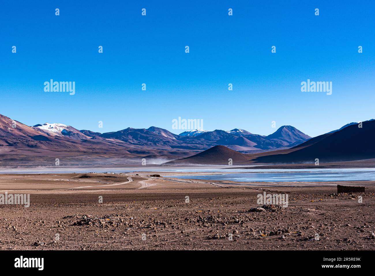 Bolivian plateau landscape with snowy mountains and lagoon Stock Photo ...