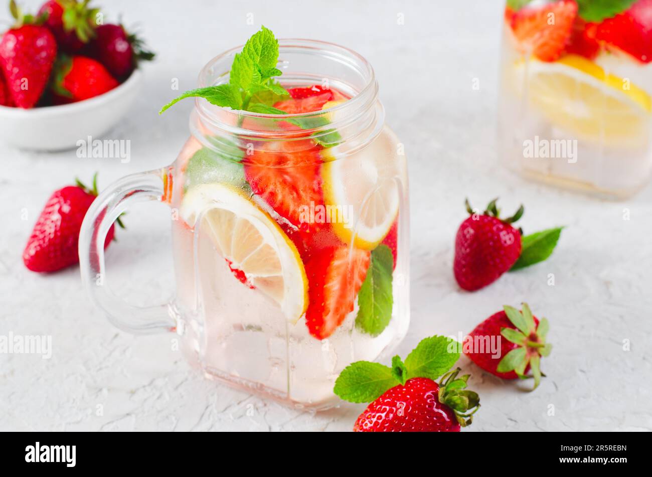 Strawberry Infused Water, Refreshing Cocktail, Lemonade, Detox, Summer Iced Drink with Fresh ...