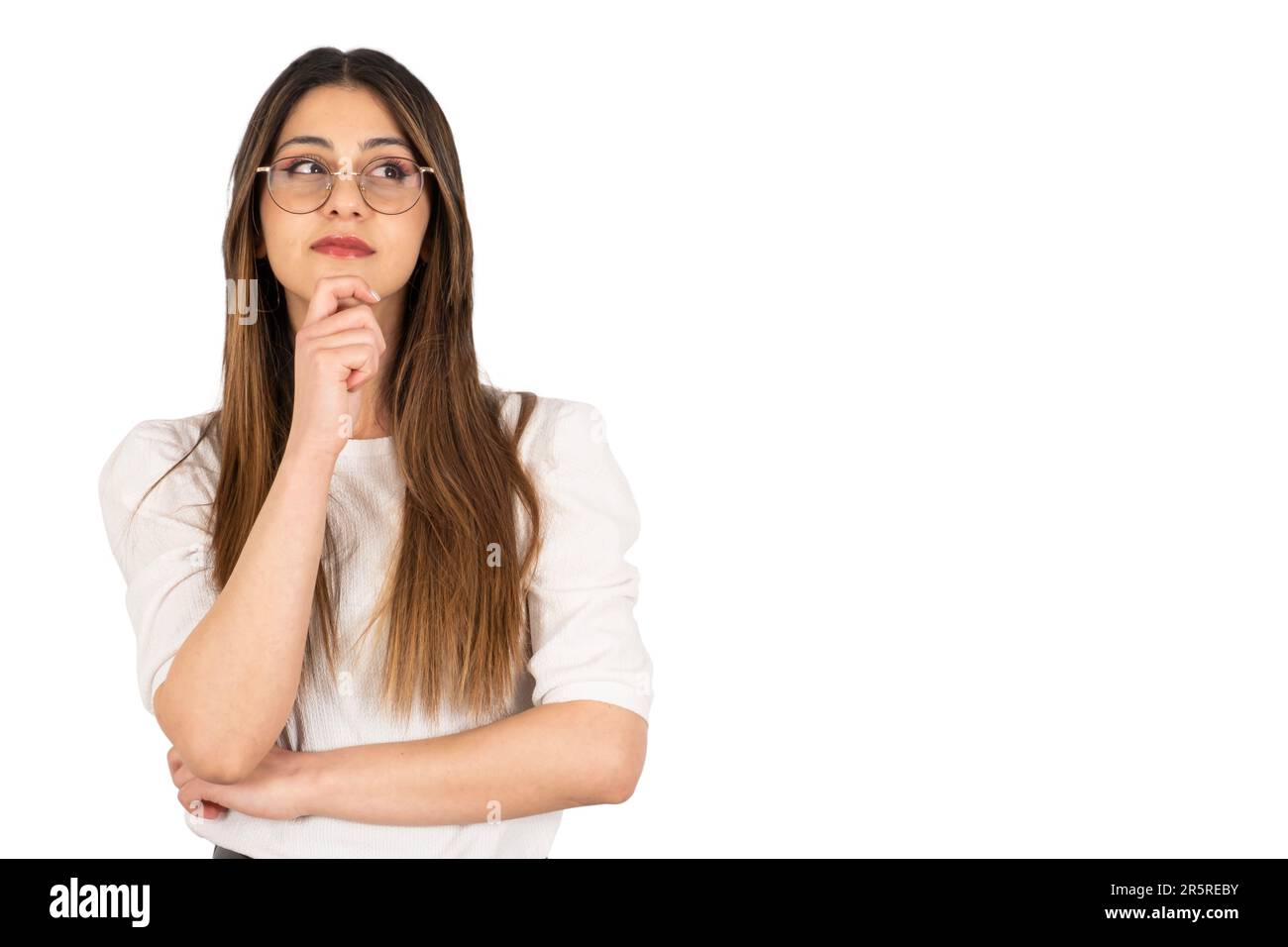 Thinking confident woman, portrait of caucasian beautiful thinking ...