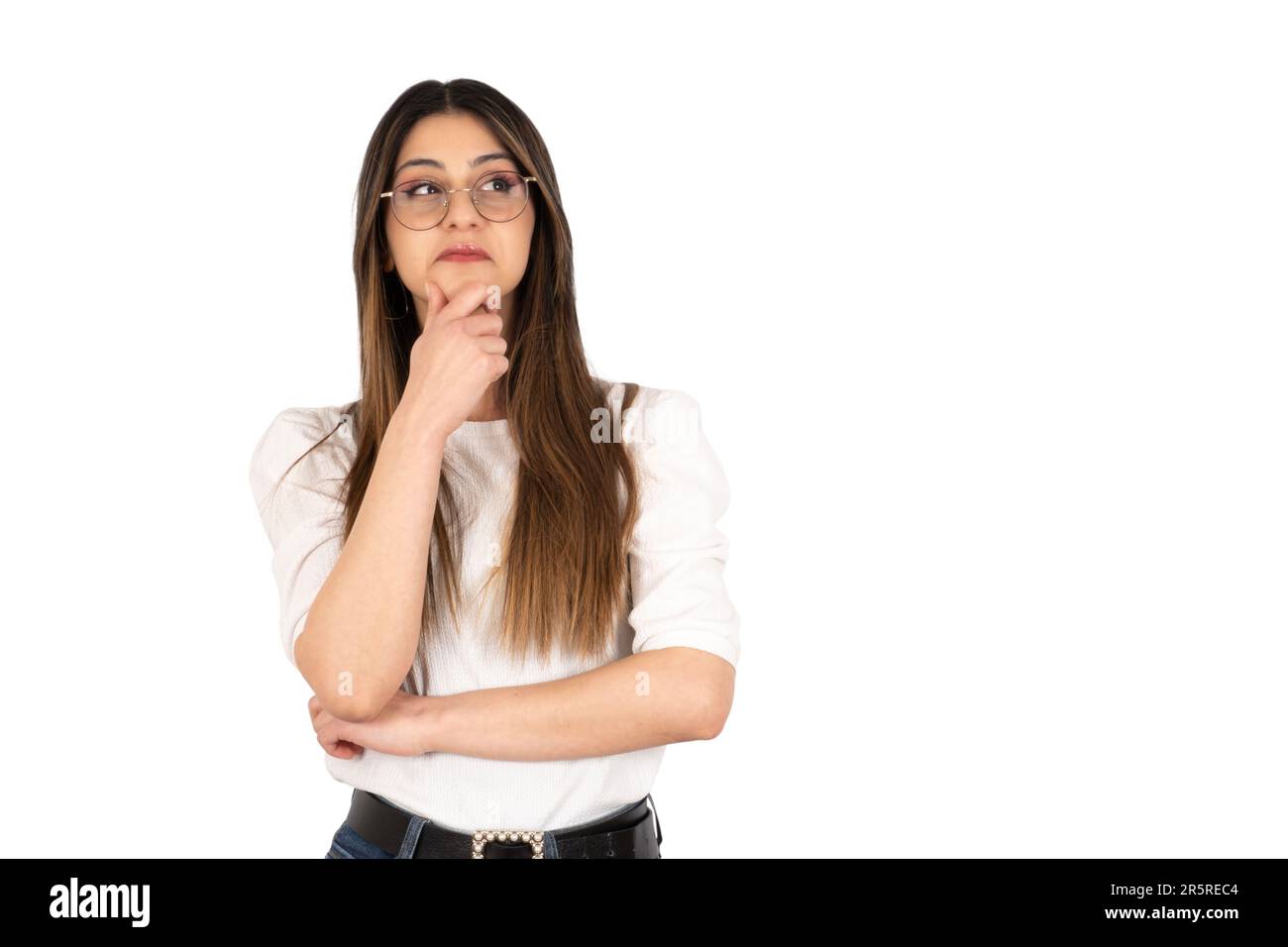 Caucasian minded woman. Long haired lady looking up empty space, deep ...