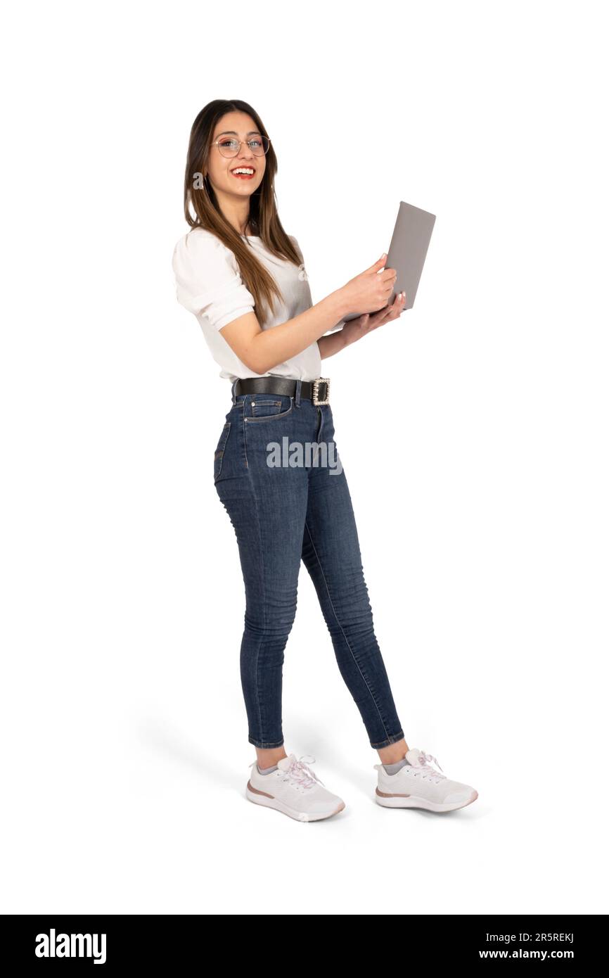 Full body modern businesswoman, smiling happy caucasian full body ...