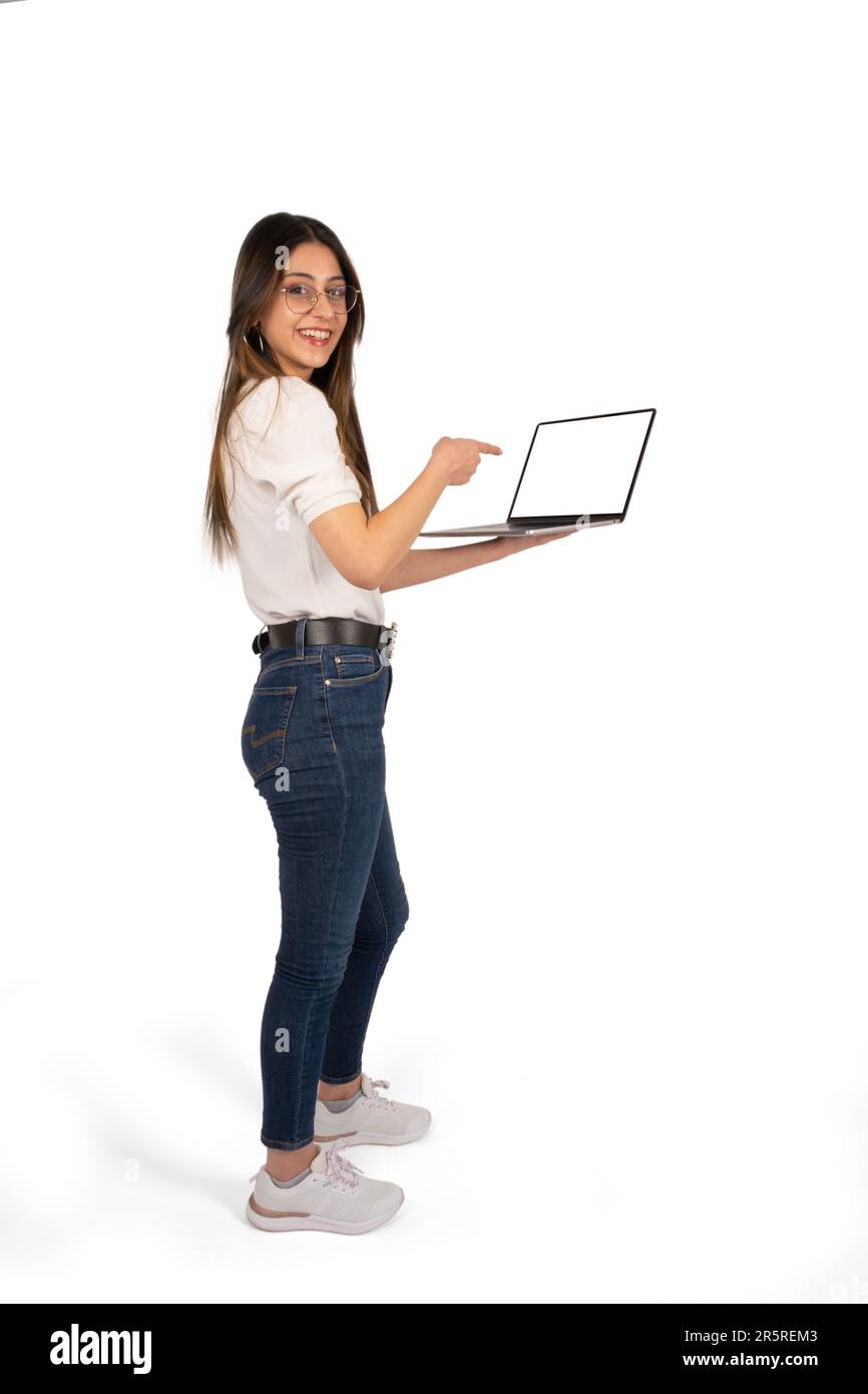 Recommending website, full body size beautiful young girl recommending ...