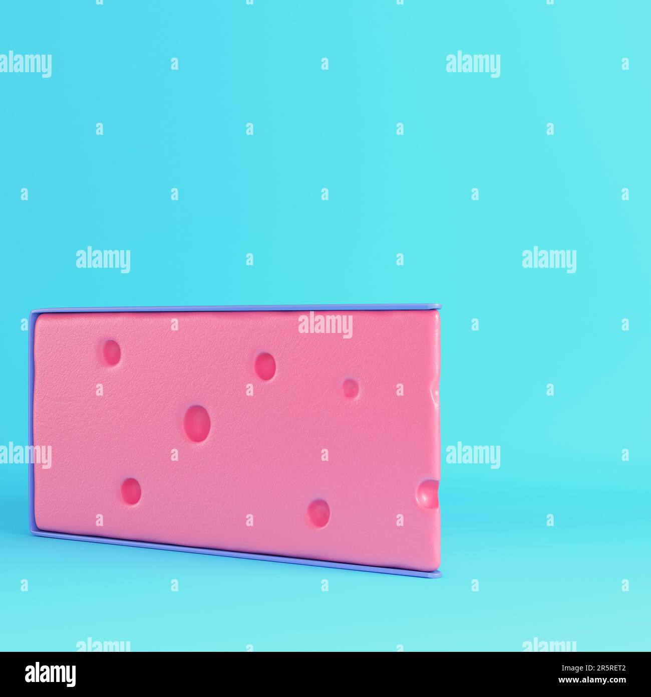 Pink cheese part on bright blue background in pastel colors. Minimalism ...