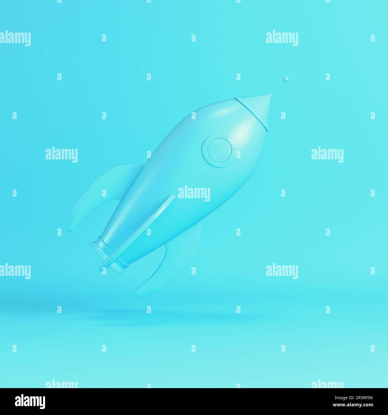 Cartoon styled rocket ship on bright blue background in pastel colors ...