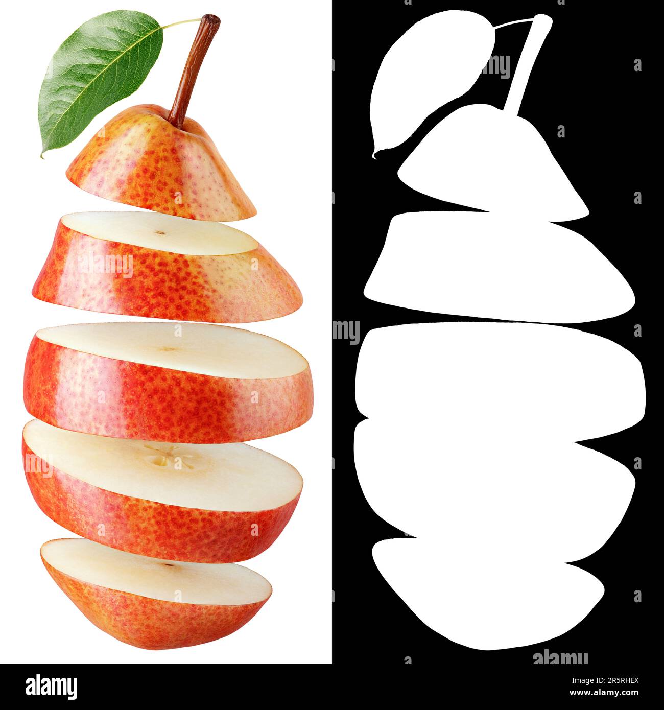 Sliced red pear with leaf isolated on white background with clipping ...