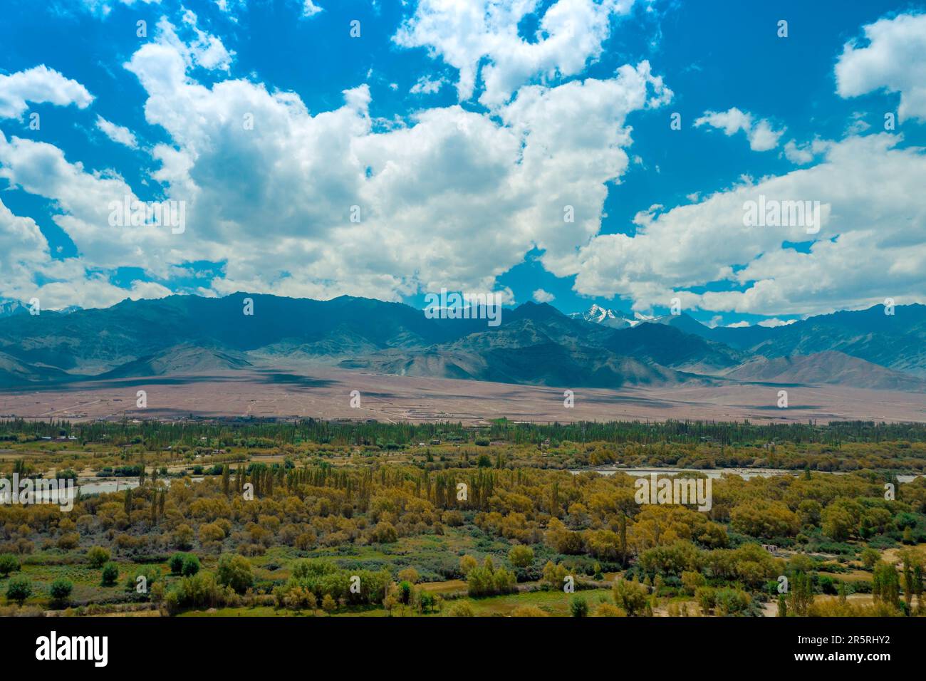 An aerial view of a vast grassland plain, with distant mountain peaks ...