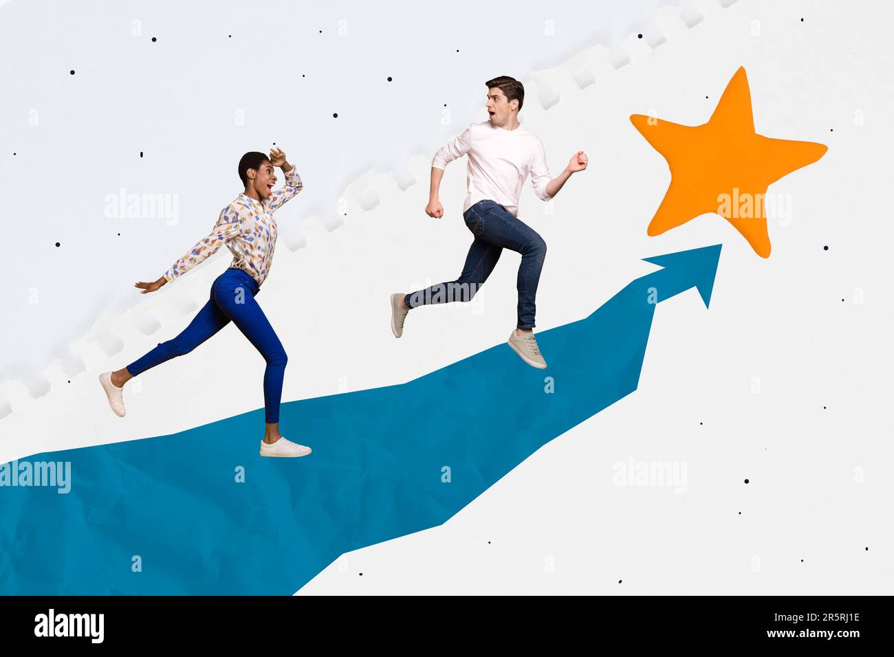 Company promotion concept collage of two colleagues competition leader ...