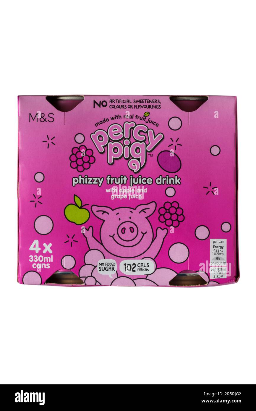 pack of Percy Pig phizzy fruit juice drink from M&S made with real fruit juice isolated on white ...
