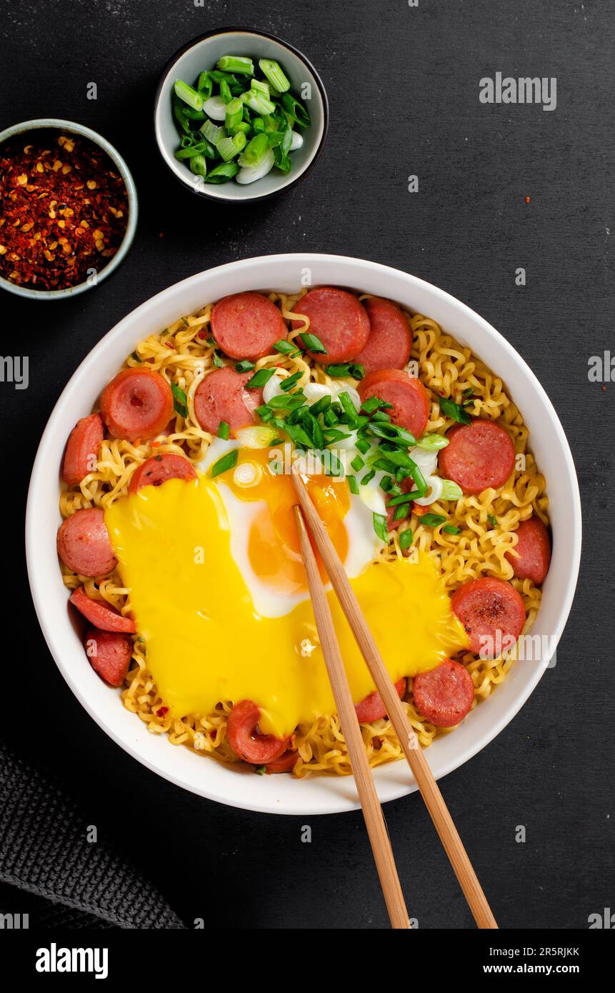 Ramen Noodles with Sausages, Egg, Melted Cheese and Scallion, Microwave ...