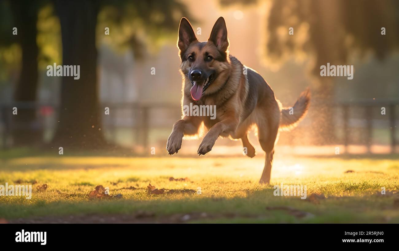 A brown German Shepherd dog running in a lush green grassy field Stock ...