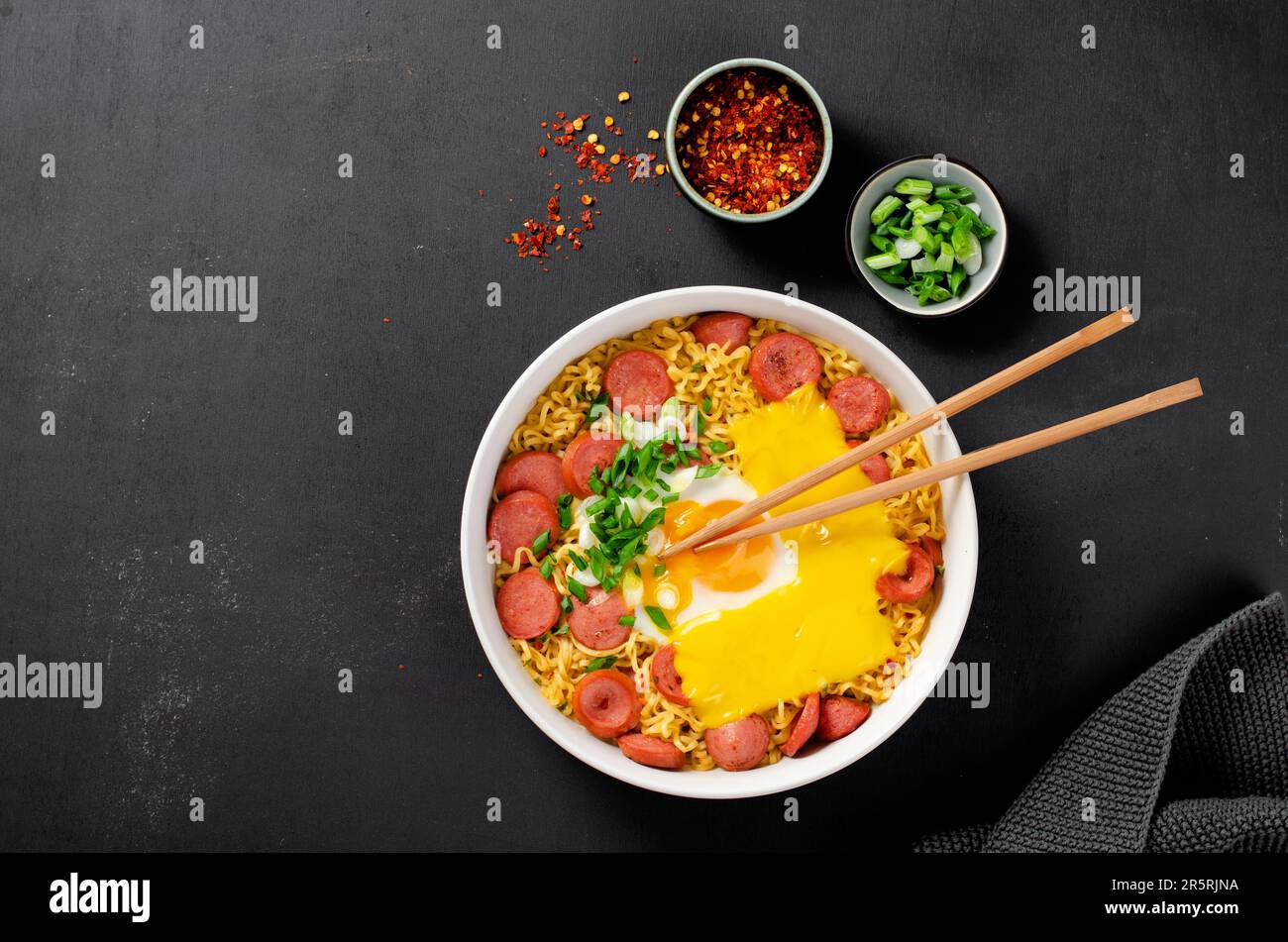 Ramen Noodles with Sausages, Egg, Melted Cheese and Scallion, Microwave ...