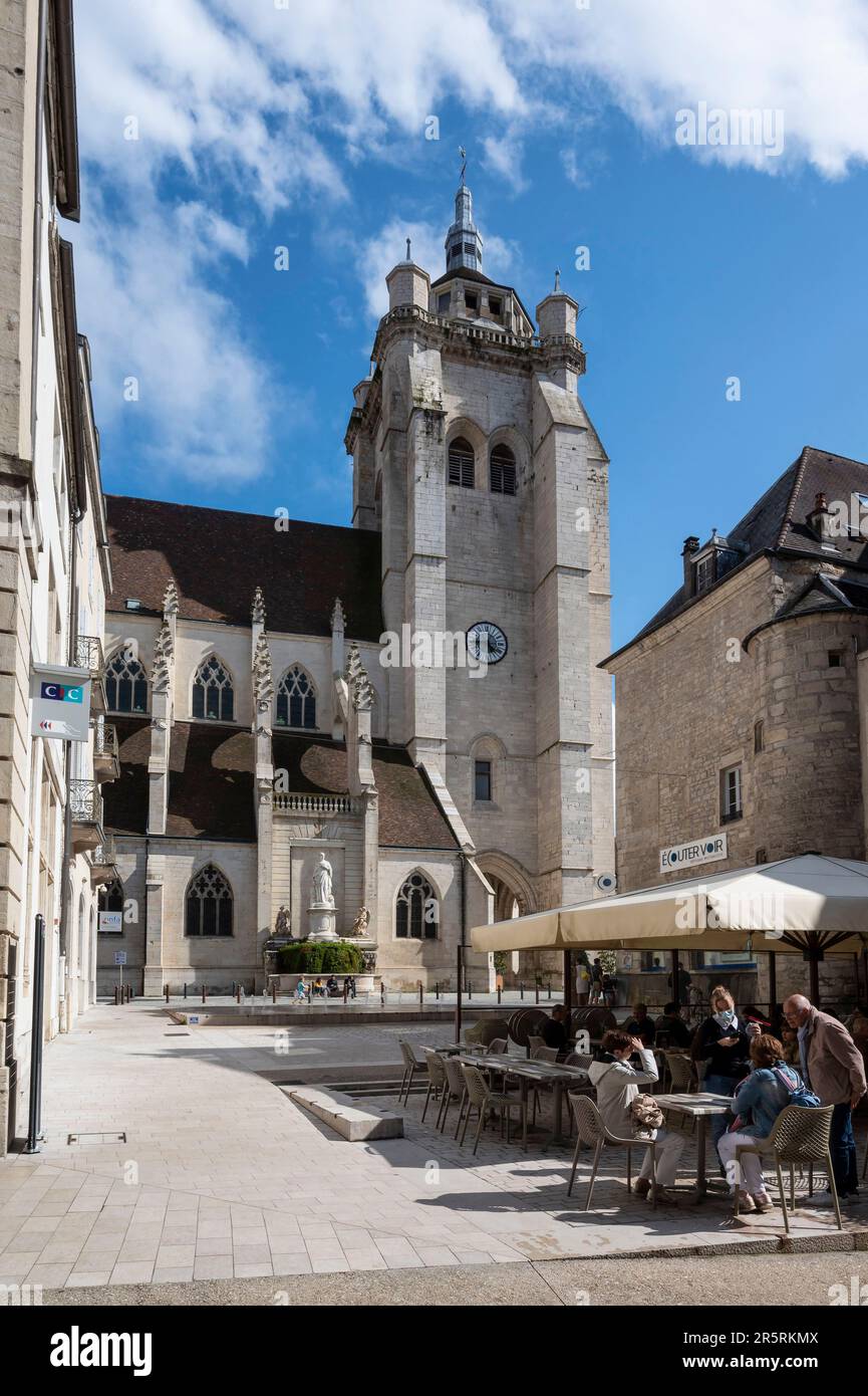 France,Jura , Dole , road bike route, bar terrace on the national square and the bell tower of ...