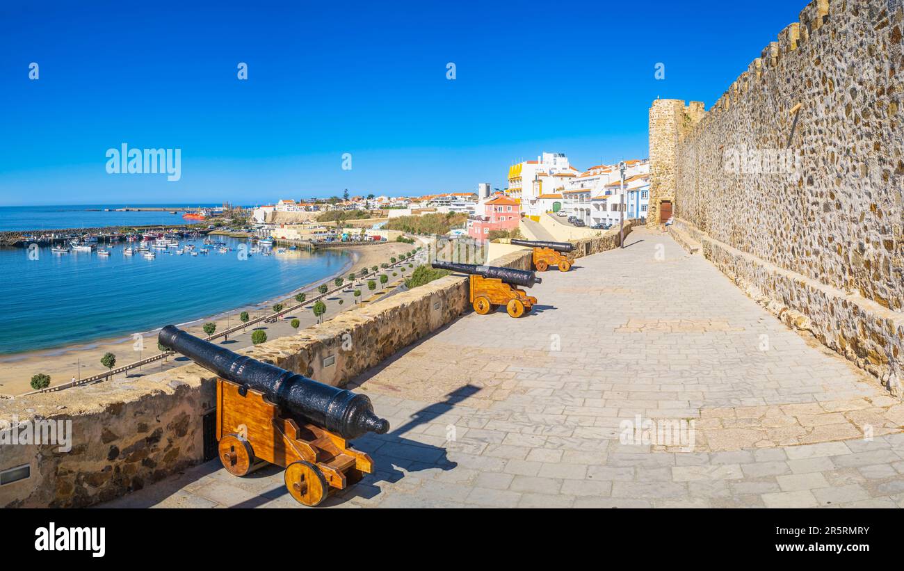 Portugal, Alentejo region, Sines, cannon in front of the medieval ...