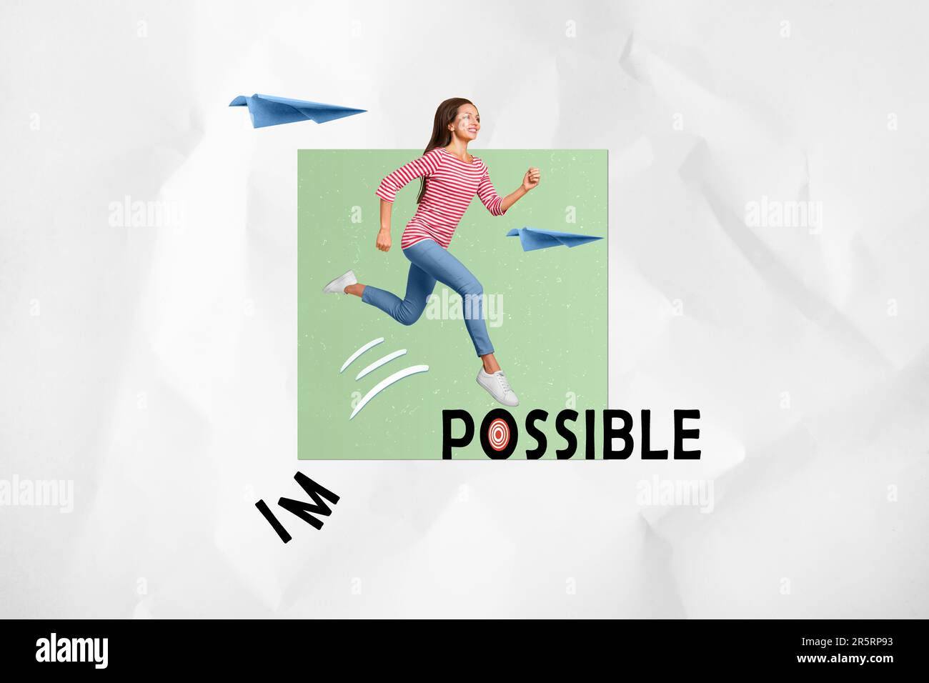 Collage picture of positive girl running flying paper planes break ...