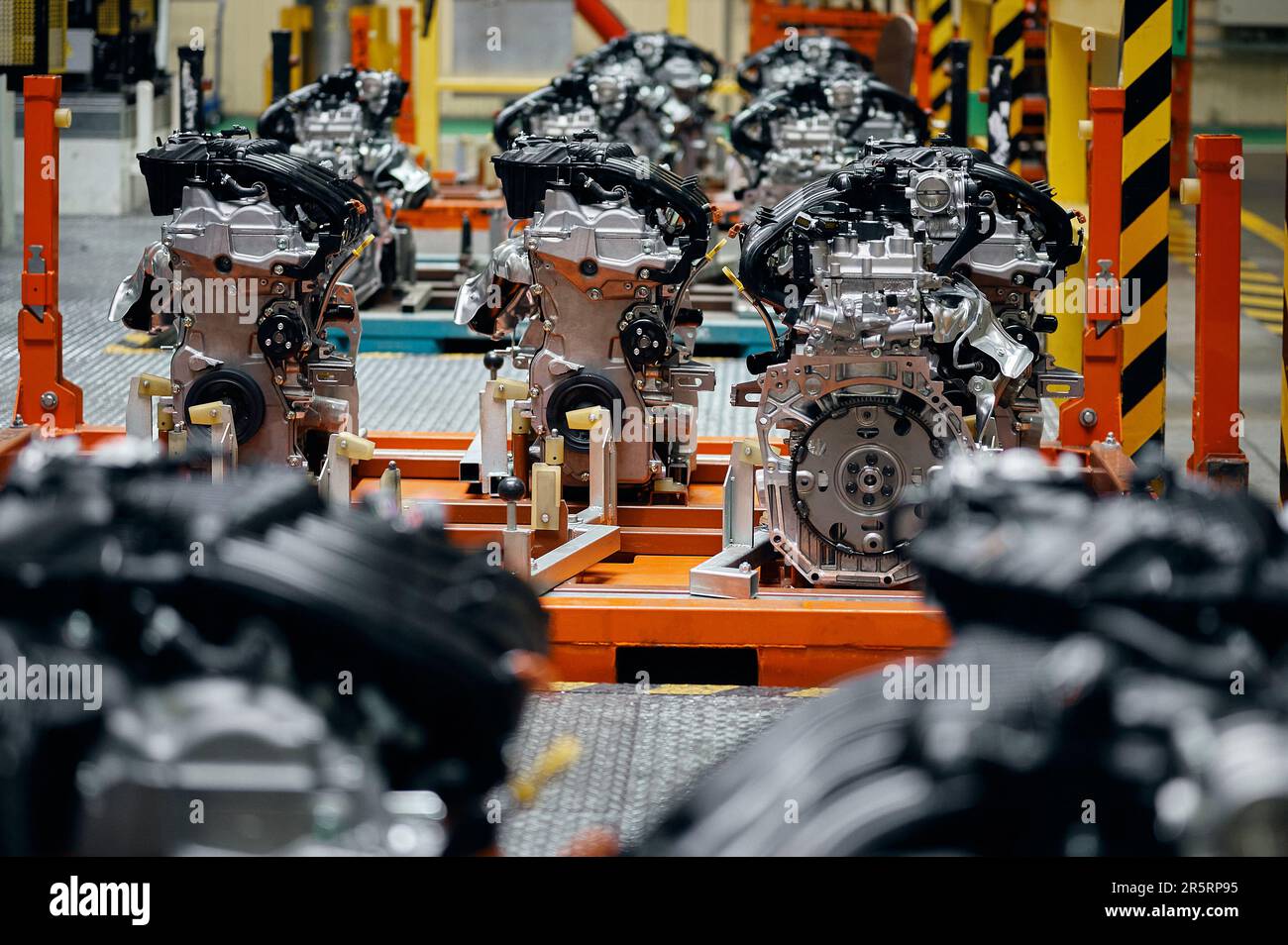 Car engine in production and assembly passenger car workshop Stock ...