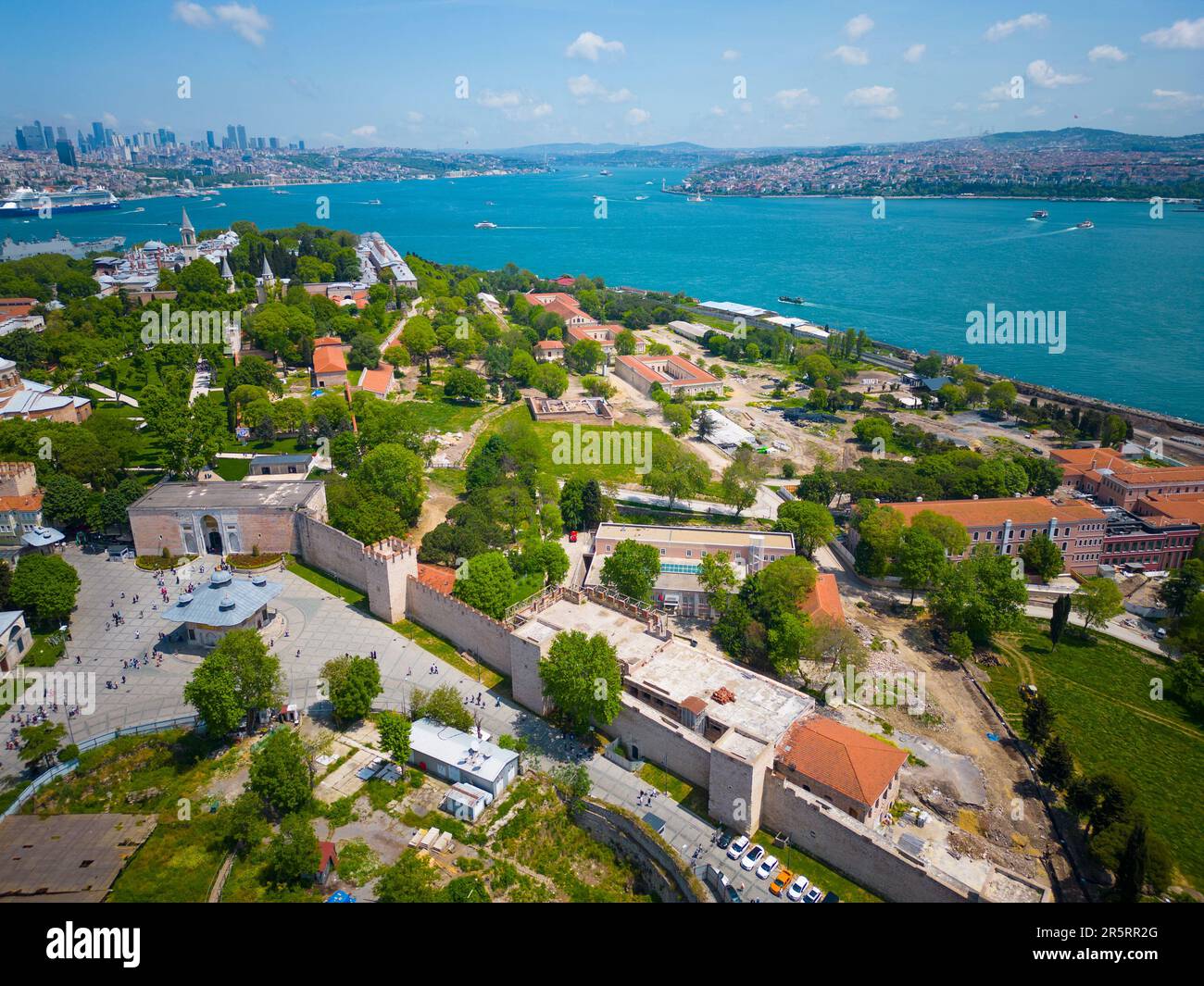 Topkapi Palace aerial view in Sultanahmet with Bosporus Strait at the ...