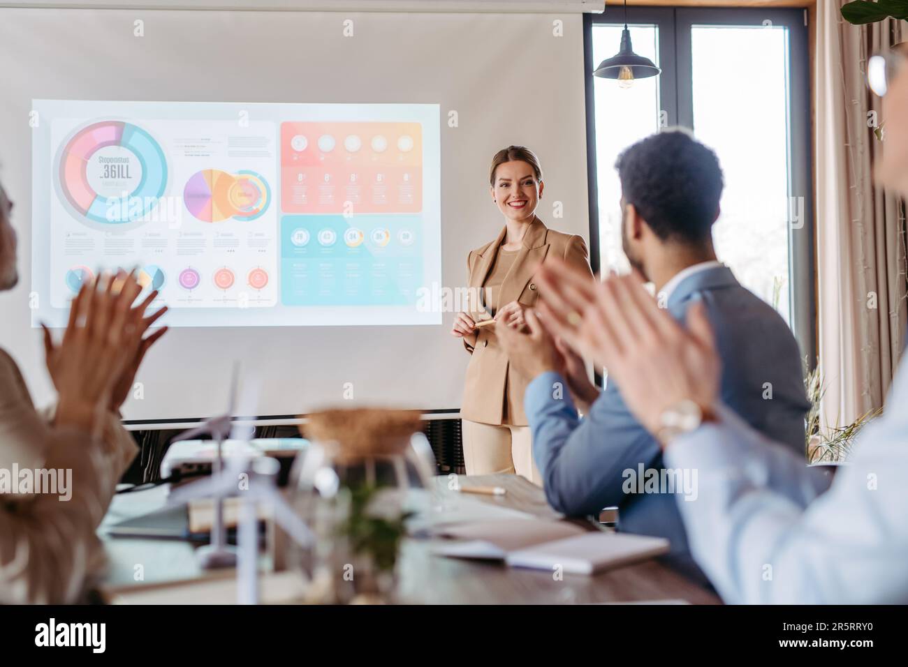 Female business leader, manager giving a presentation about renewable ...