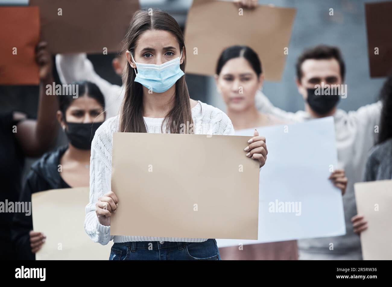 Blank protest poster, woman mask and portrait with fight, human rights ...