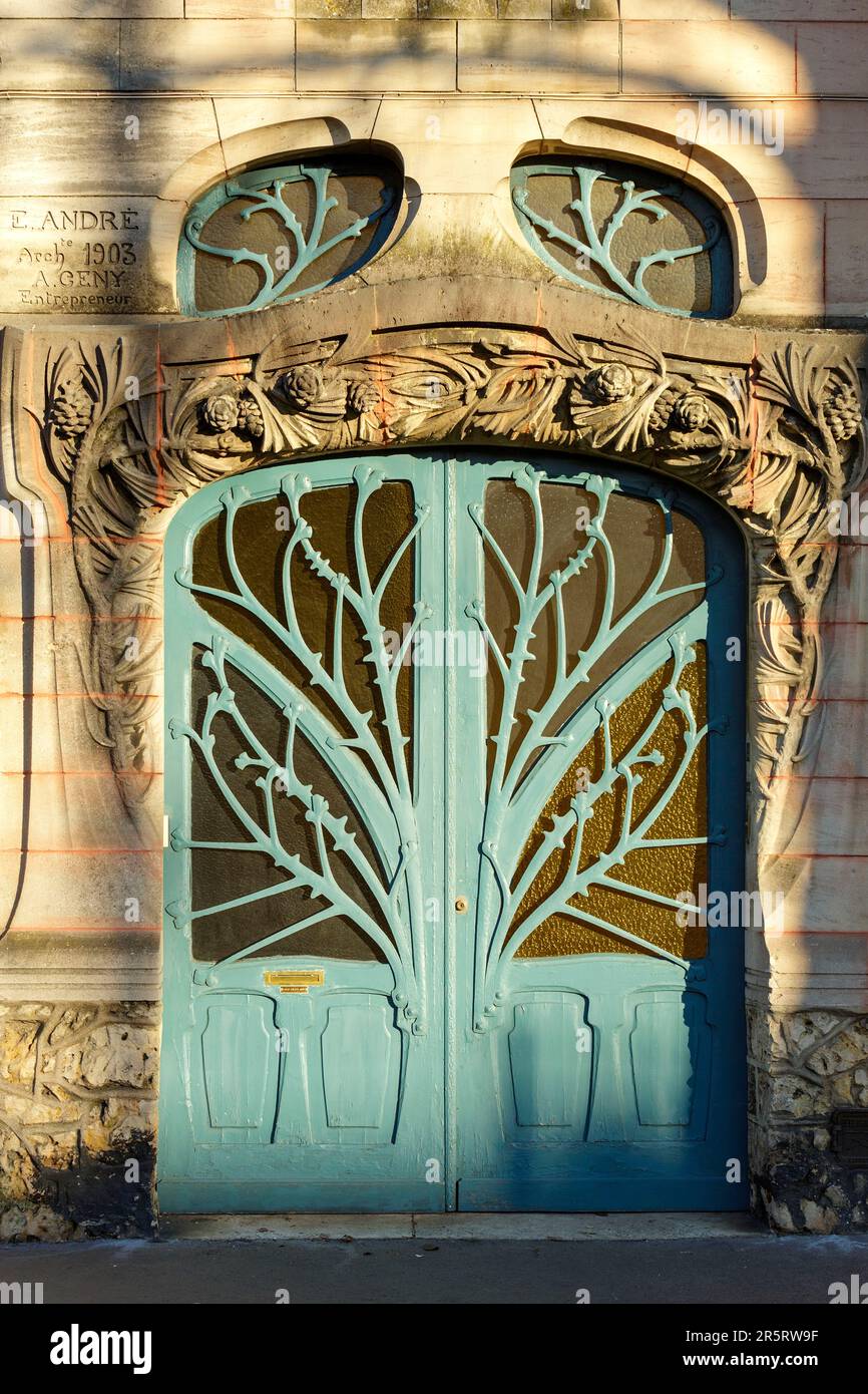 France, Meurthe et Moselle, Nancy, detail of the facade and doorway of ...