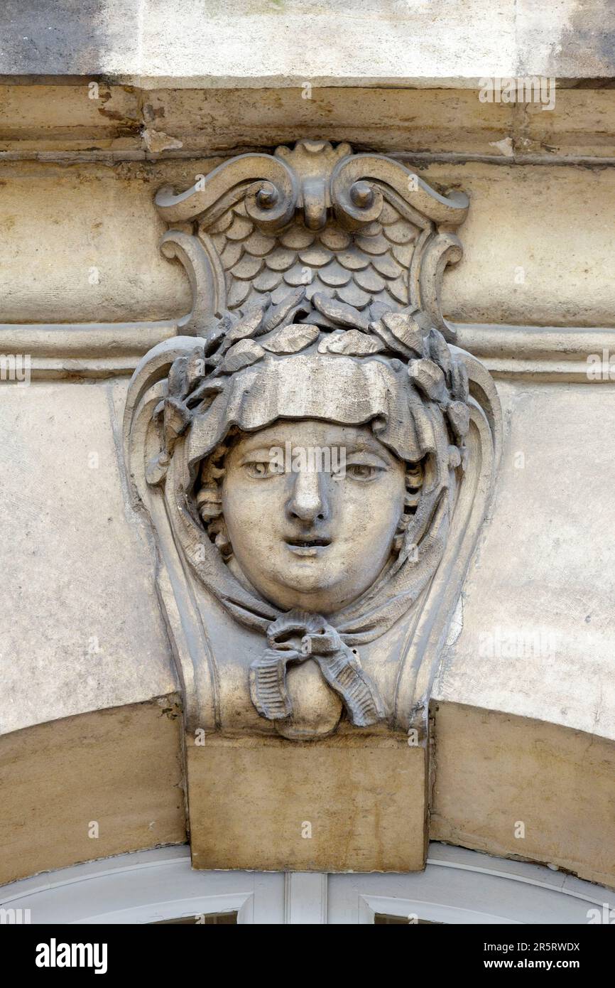 France, Meurthe et Moselle, Nancy, mascaron ornament on a facade of ...
