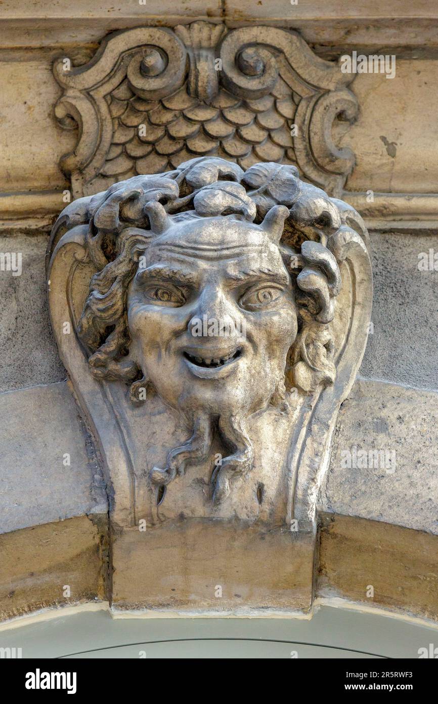 France, Meurthe et Moselle, Nancy, mascaron ornament on a facade of ...