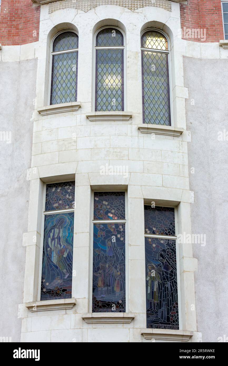 France, Meurthe et Moselle, Nancy, stained glass windows on the facade ...