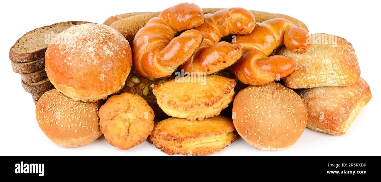 Various of bread and bakery products isolated on white background. Wide ...