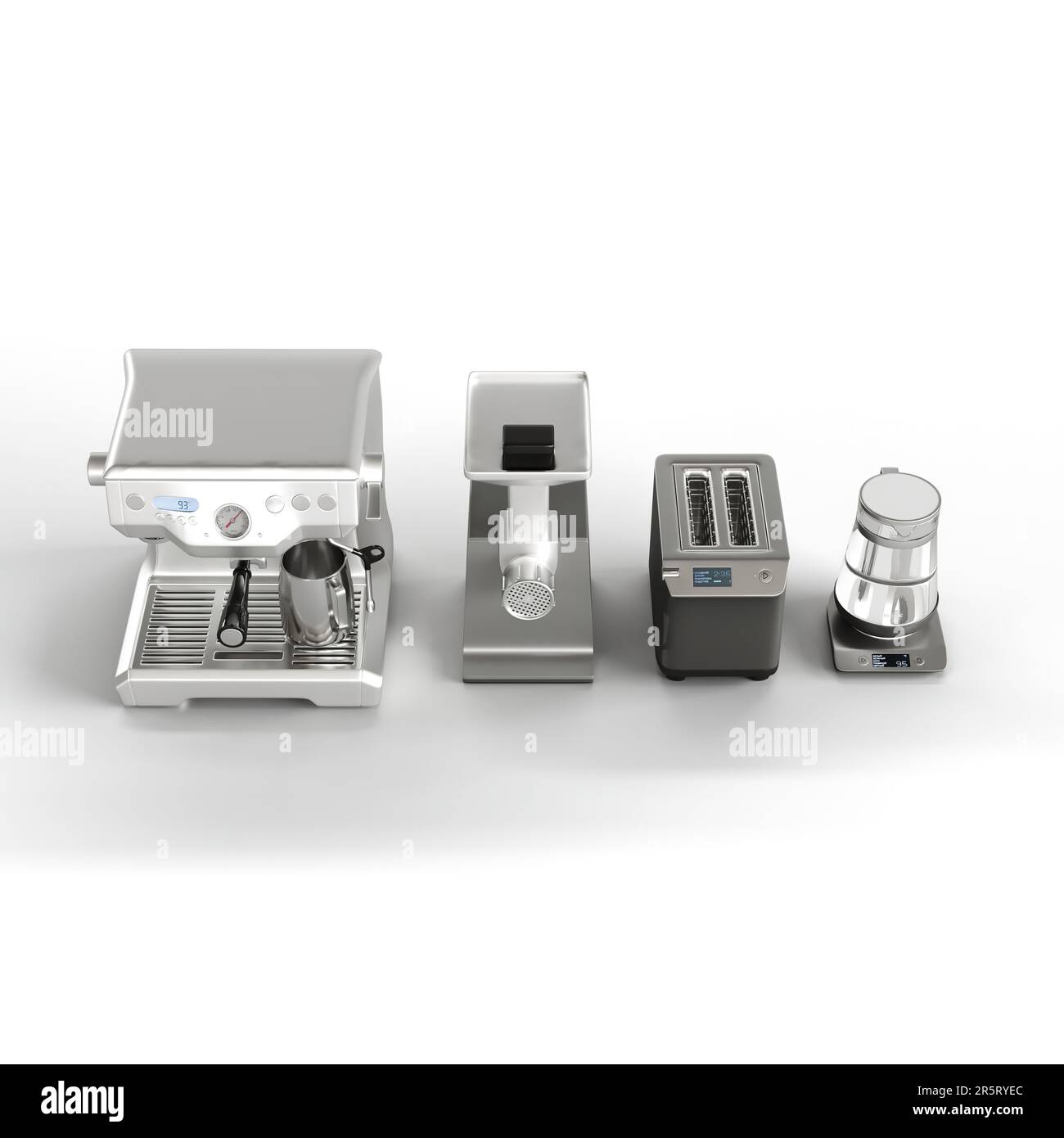 A collection of kitchen equipment including a coffee machine, toaster ...