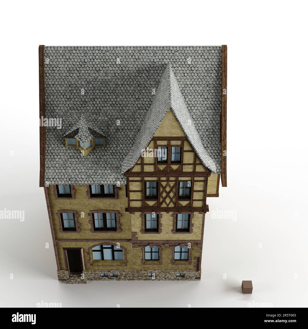 A 3D render illustration of a miniature apartment building on a white ...