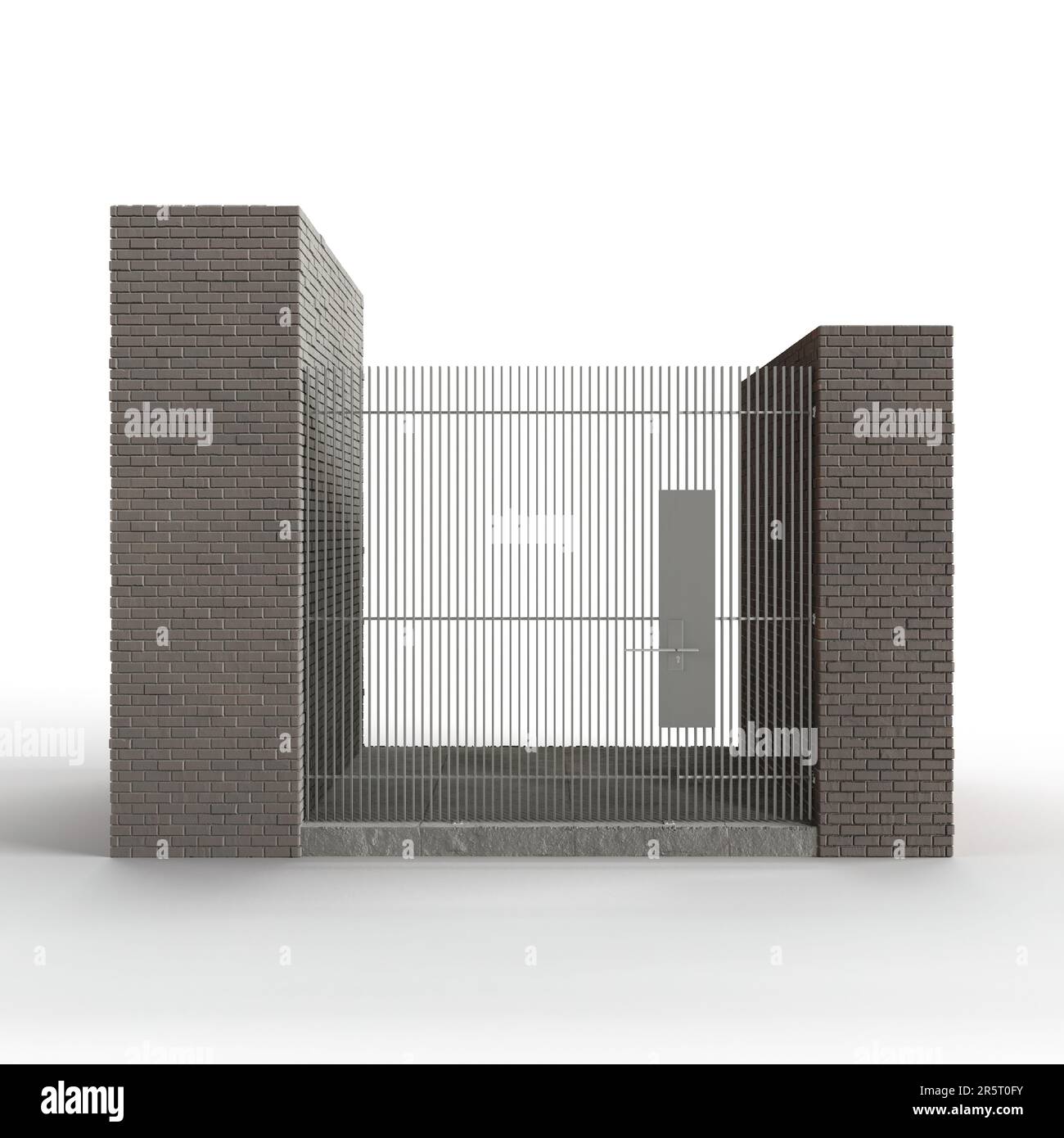 An ornate metal gate stands between two brick pillars - 3D rendering ...